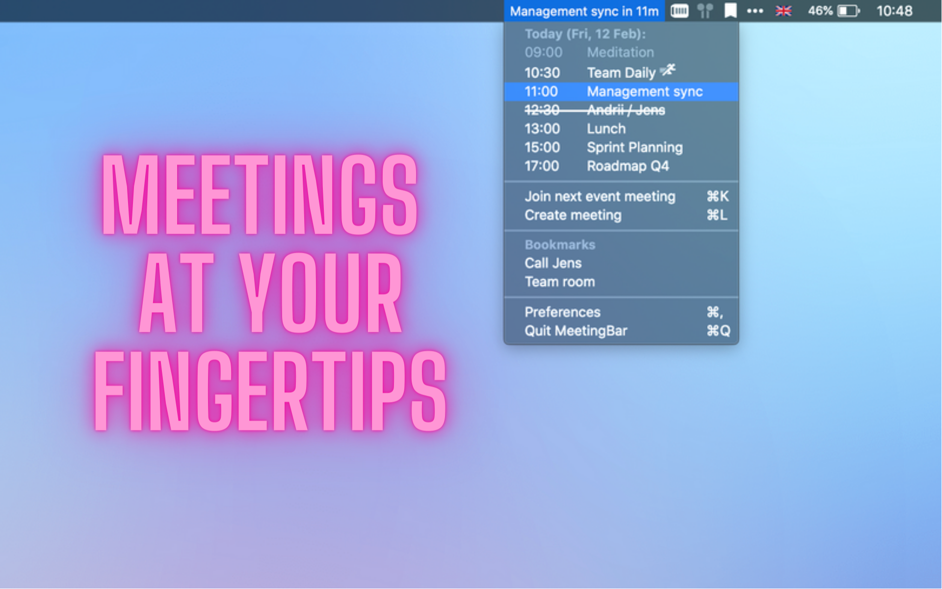 MeetingBar Track Your Meetings Directly From MacOS Menubar MeetingBar Track Your Meetings Directly From MacOS Menubar